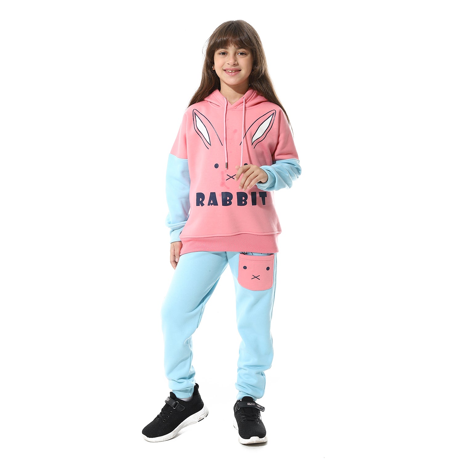 Girls' Training Suit with Hooded Neck and Rabbit Print