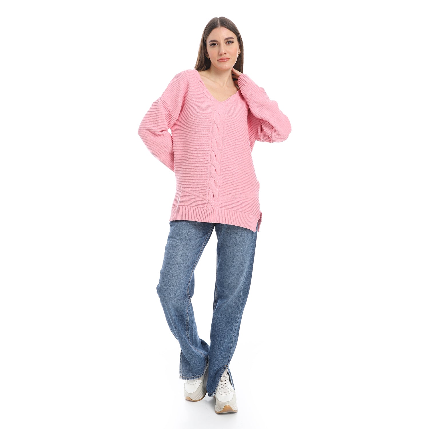 Women wool pullover with V-neck pink – CAESAR